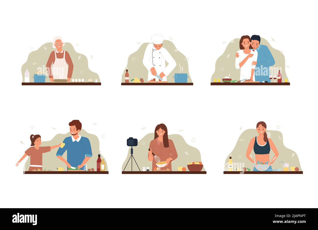 Cooking people flat set with professional chef food blogger and ...