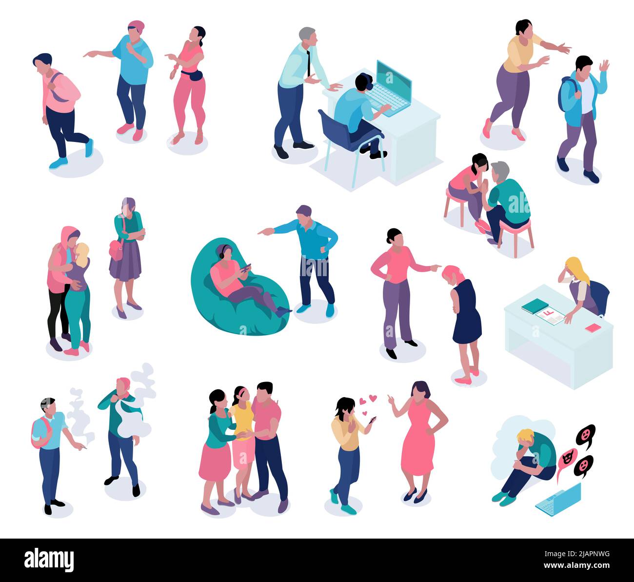 Isometric teenagers parents icon set with isolated human characters of ...