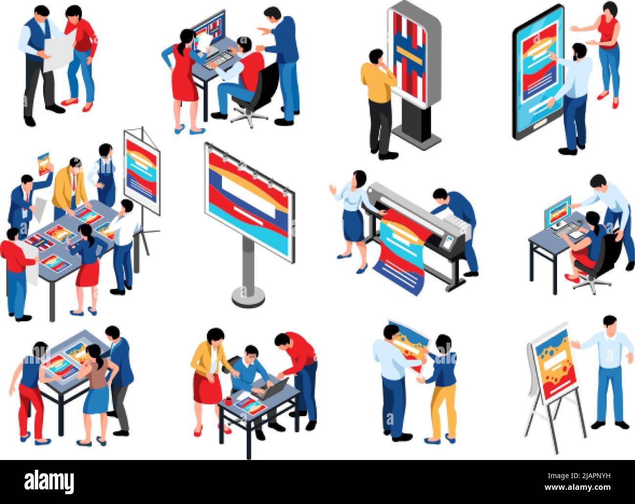 Isometric advertising agency icon set with compositions of creative ...