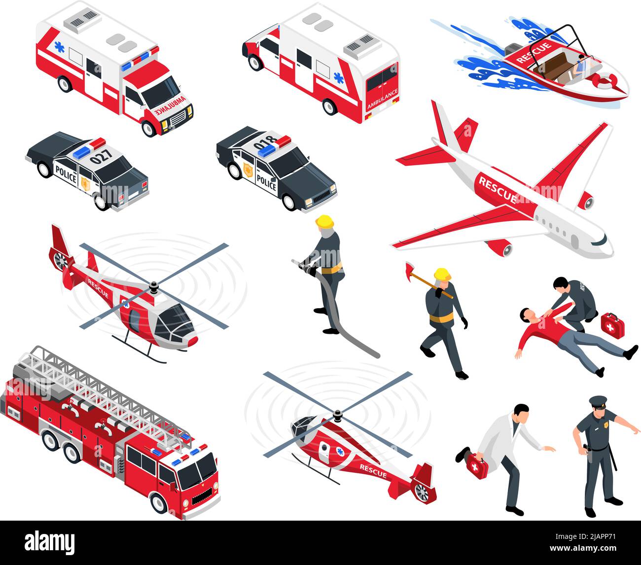 Isometric emergency services set with isolated icons of service cars ...
