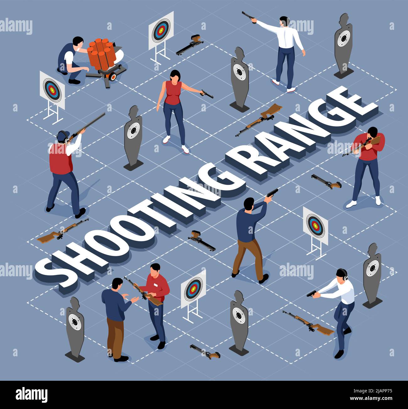 Isometric shooting range composition with flowchart of isolated icons ...