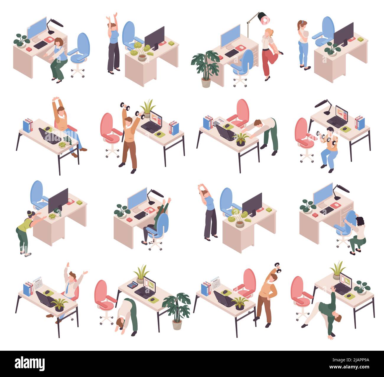Office workers doing workout warming up at their work places isometric ...