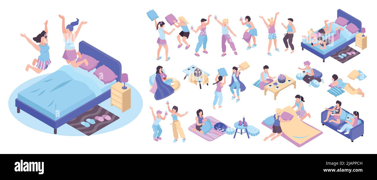 Isometric pajamas icon set girlie party with jumping on beds in pajamas ...