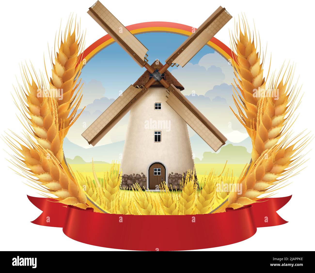 Mill emblem decorated with grain spikes and red ribbon realistic ...