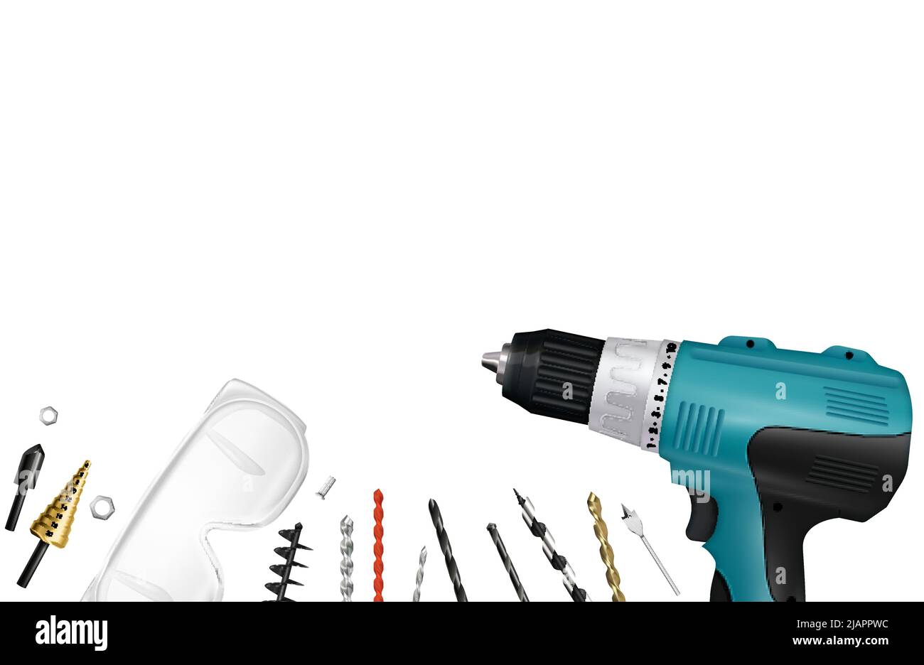 Handy drilling machine with set of different drill bits and safety ...
