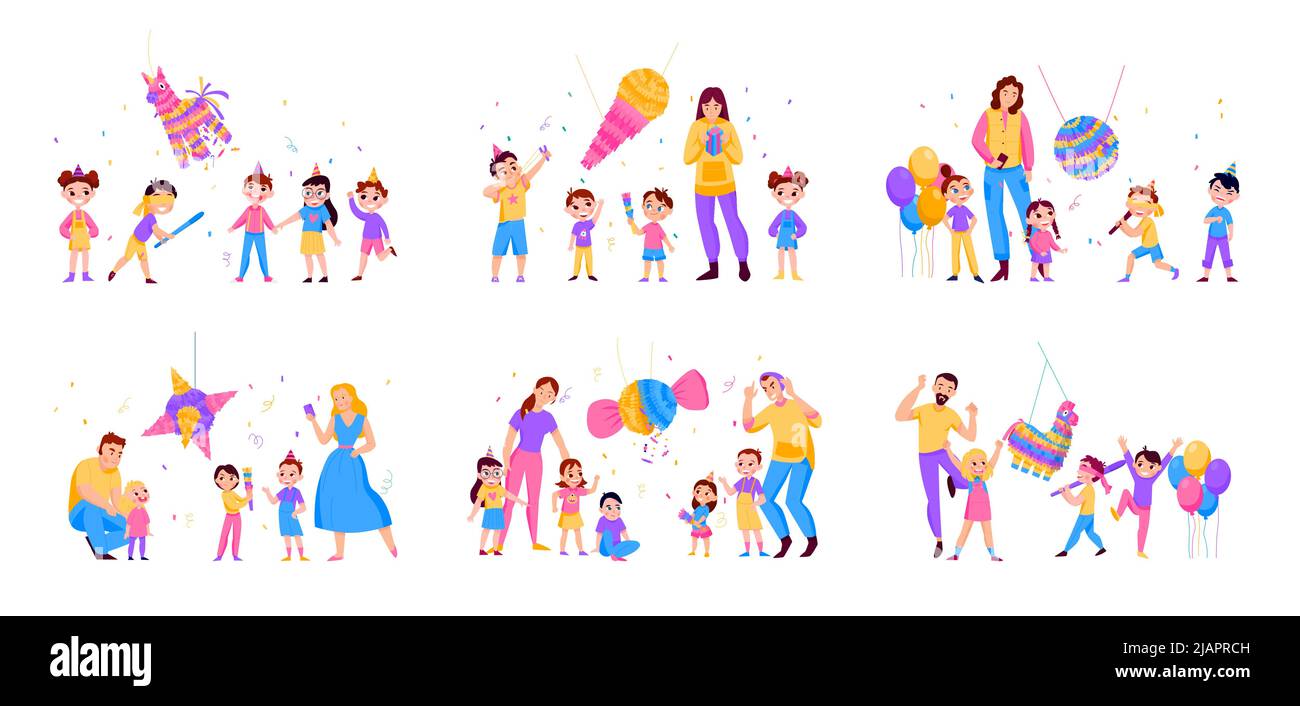 Mexican pinatas color icon set children and their parents beat a pinata ...