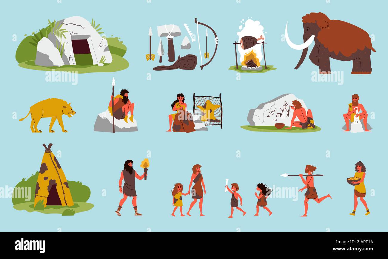 Primitive people color set with cavemen family weapon and ancient ...