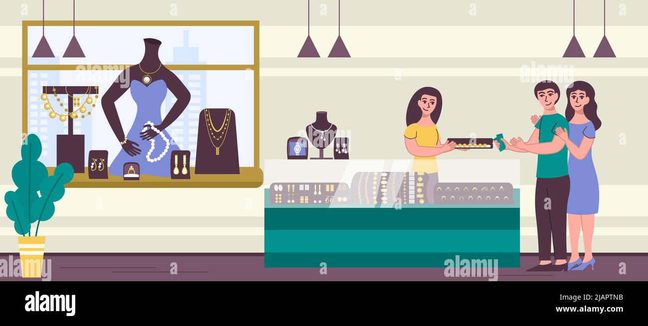 Jewelry store flat composition couple in love choosing jewelry in a ...