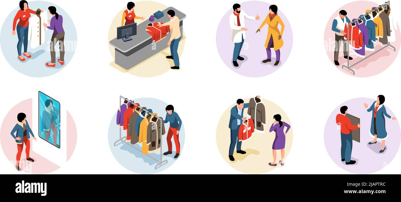 Set with isometric outerwear store round compositions with characters ...
