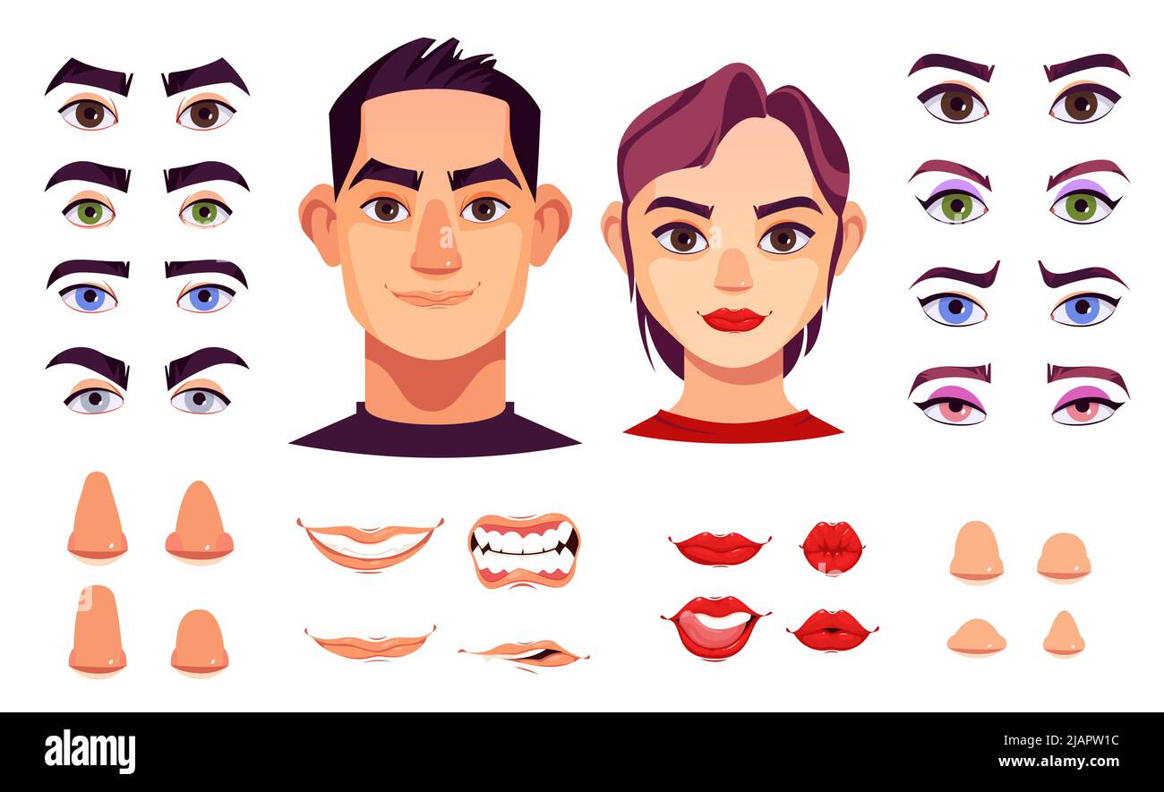 Woman and man face constructor elements with different colors and forms ...
