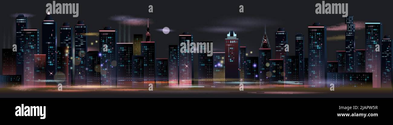 Night city panorama composition with horizontal view of nocturnal ...