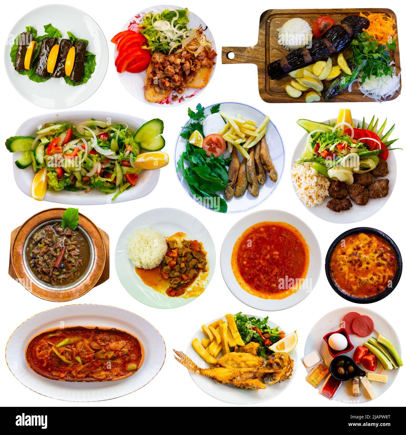 Set of various plates of Turkish cuisine isolated on white Stock Photo ...