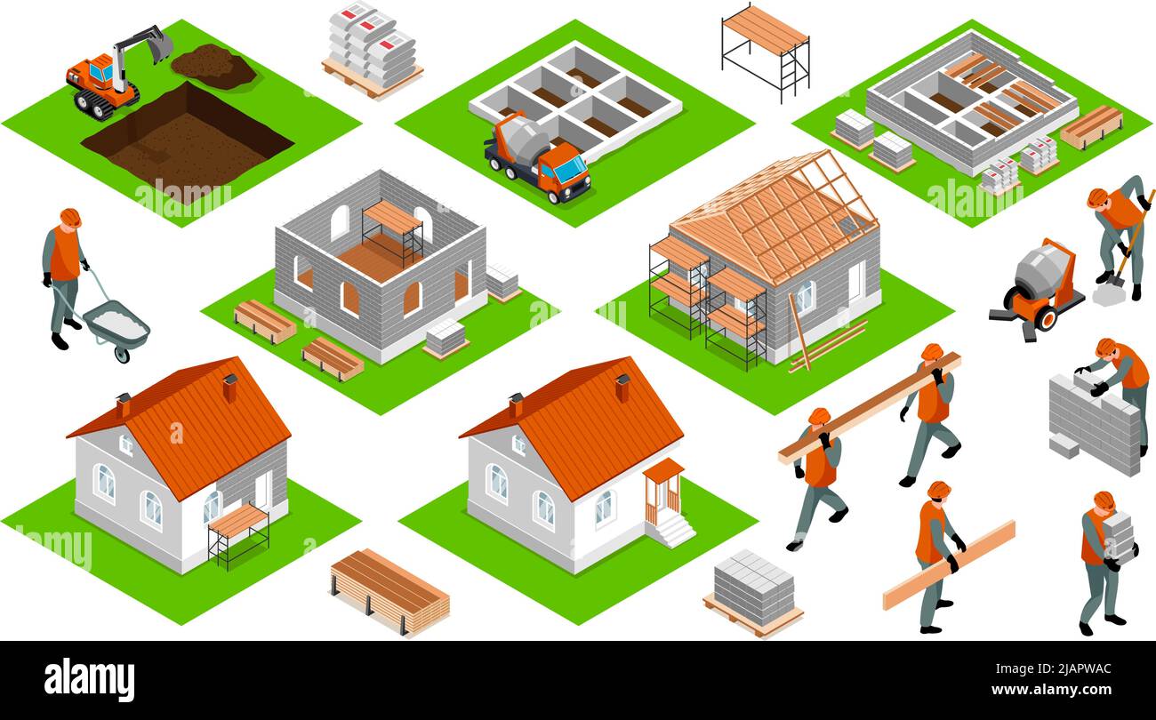 House construction set with foundation and decoration symbols isometric ...