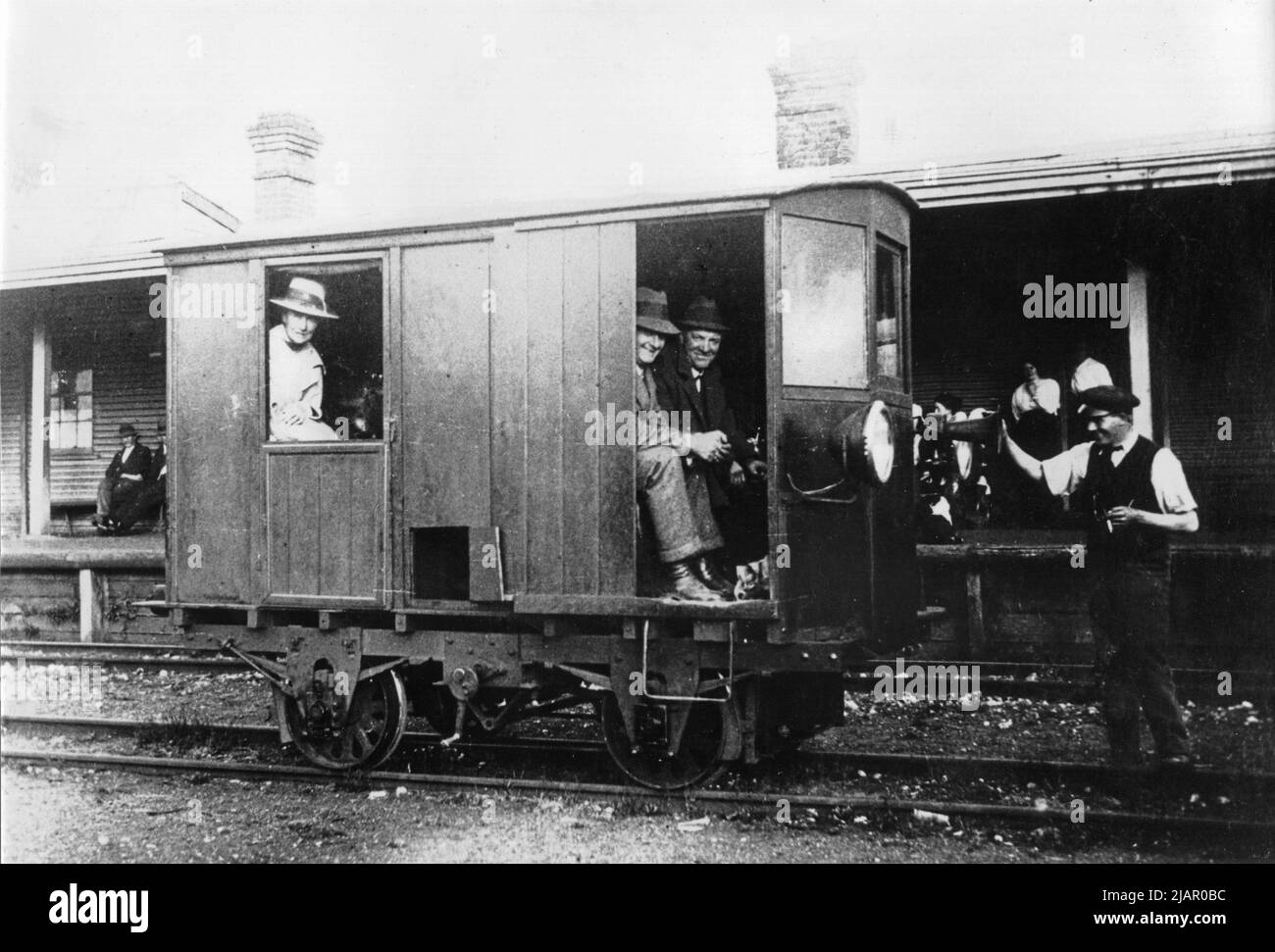 Passengers, Emu Bay Railway Riley railmotor ca. very late 1800s or ...