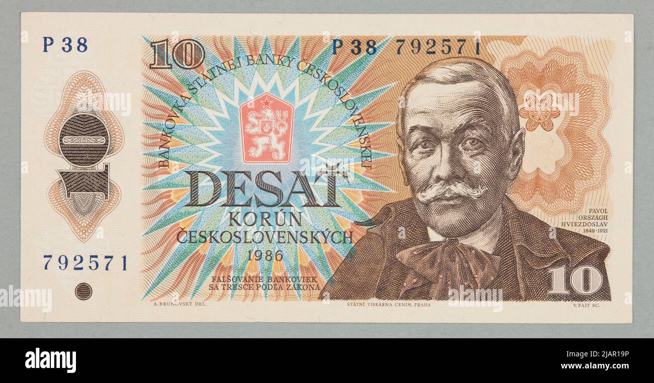 Banknote for 10 coruns, staties of Banka Ceskoslovenska; Czechoslovakia ...
