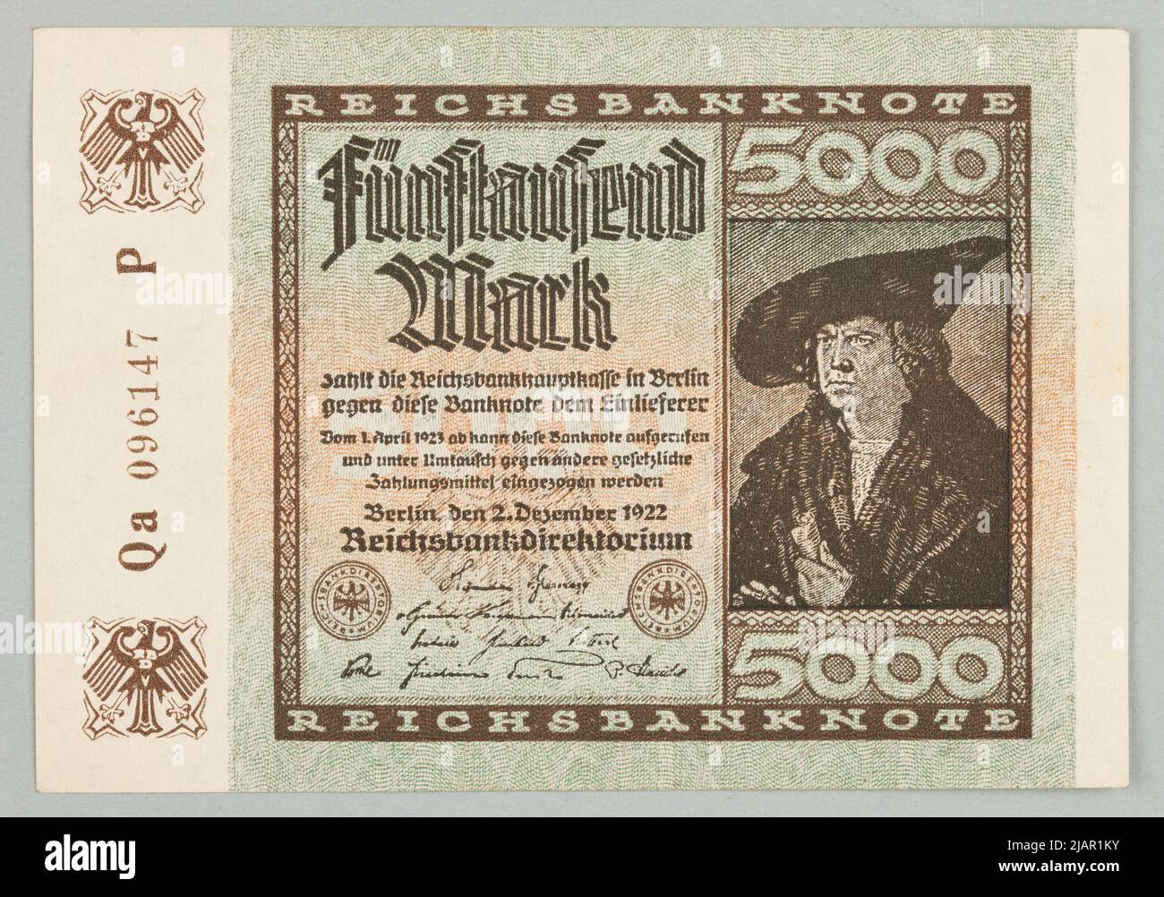 Banknote for 5000 Mark; Reichsbanknote; Germany; 2.12.1922 Stock Photo ...
