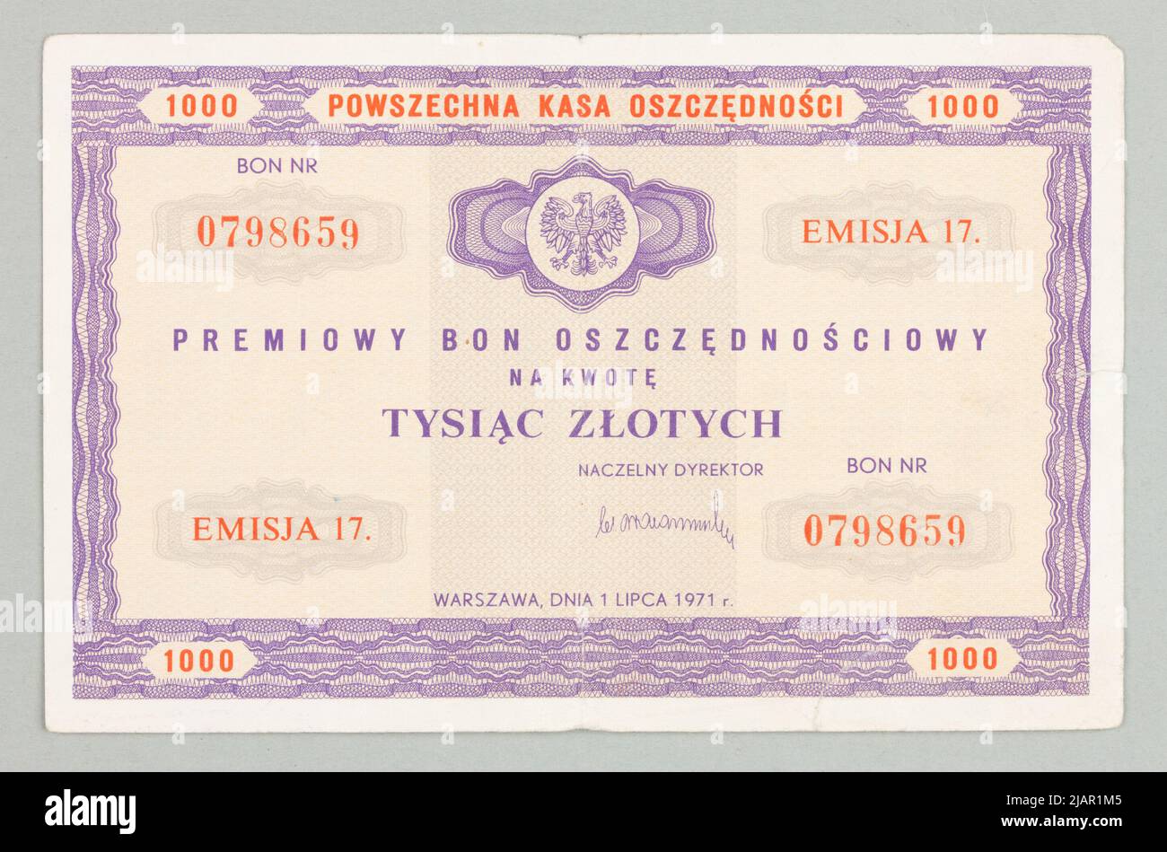 Bonus savings voucher for PLN 1,000; PKO, PRL; 1.07.1971 Universal ...