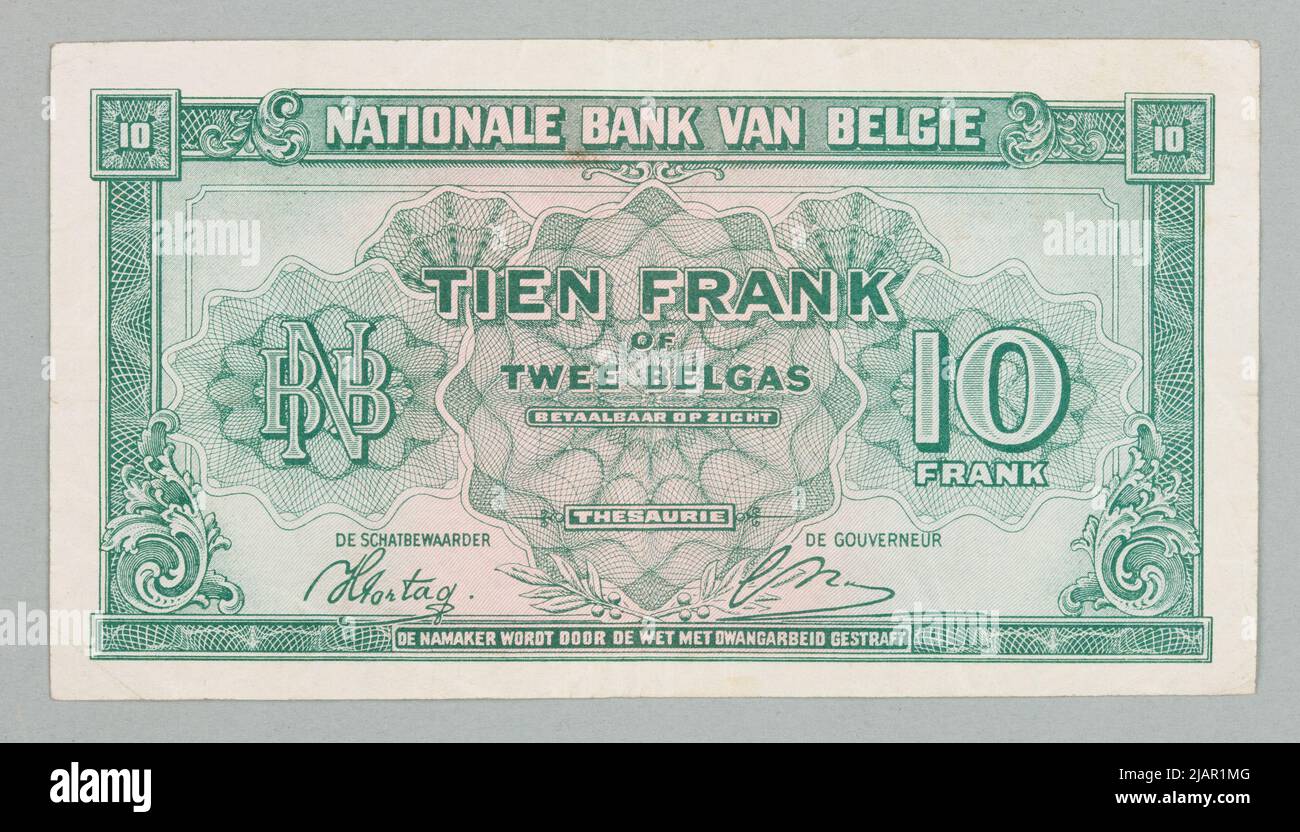 Banknot na 10 francs 2 Belgas, National Bank of Belgium, Belgia, 1.02. ...