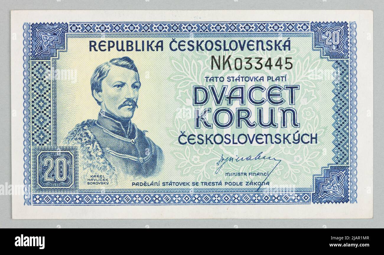 Banknote for 20 corners, Czechoslovakia; B.R. (1945) Waterlow & Sons ...
