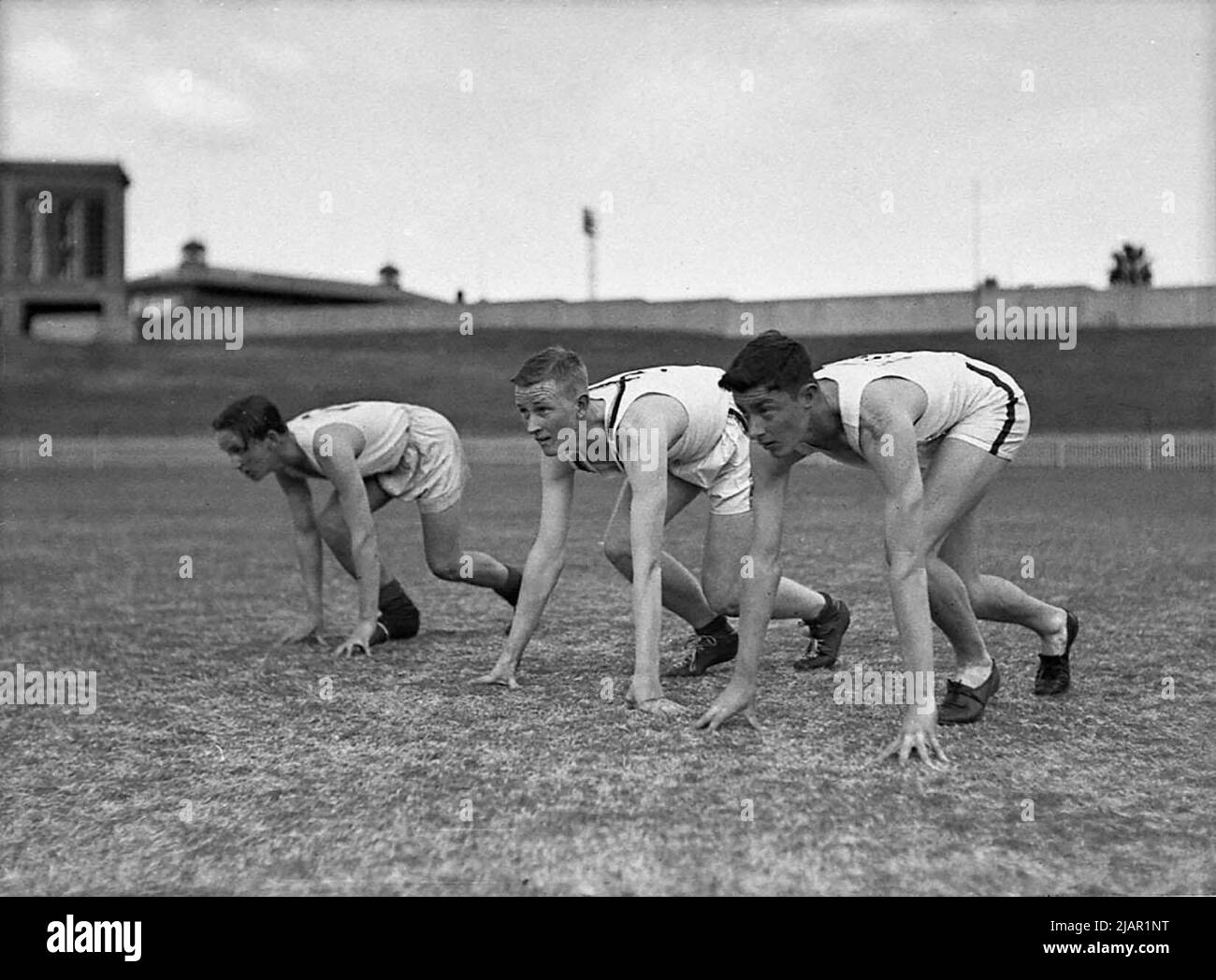 Three male runners preparing to run a race, runners in a starting ...