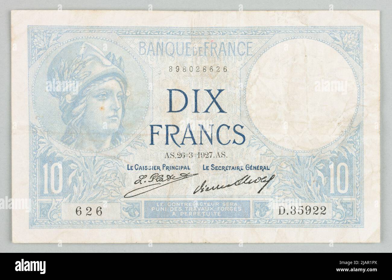 Banknote for 10 francs; Banque de France, France, 26.03.1927 Stock ...