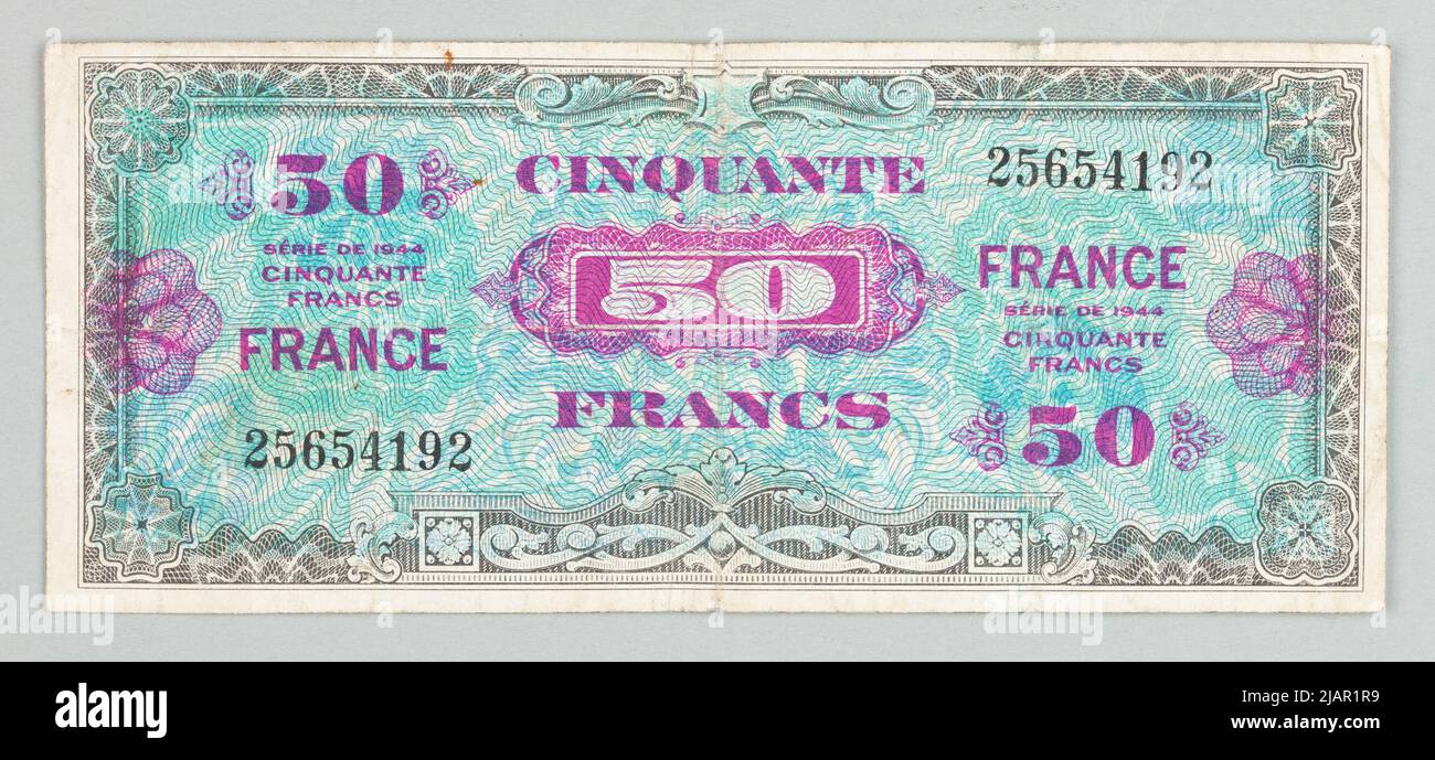 Banknote on 50 Francs, Allied Military Currency, France, (USA) 1944 ...