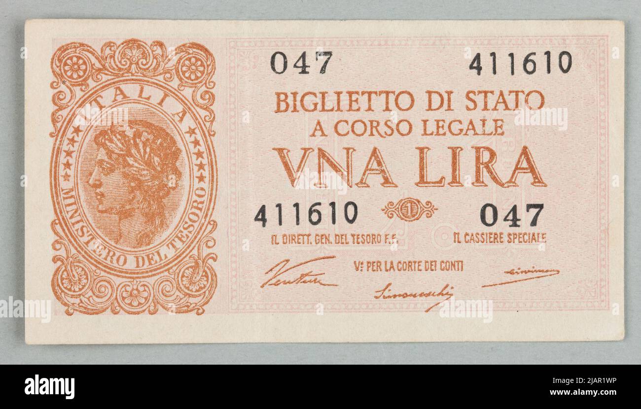 1 lira banknote; State Ticket, Italy, 23.11.1944 Value cards workshop ...