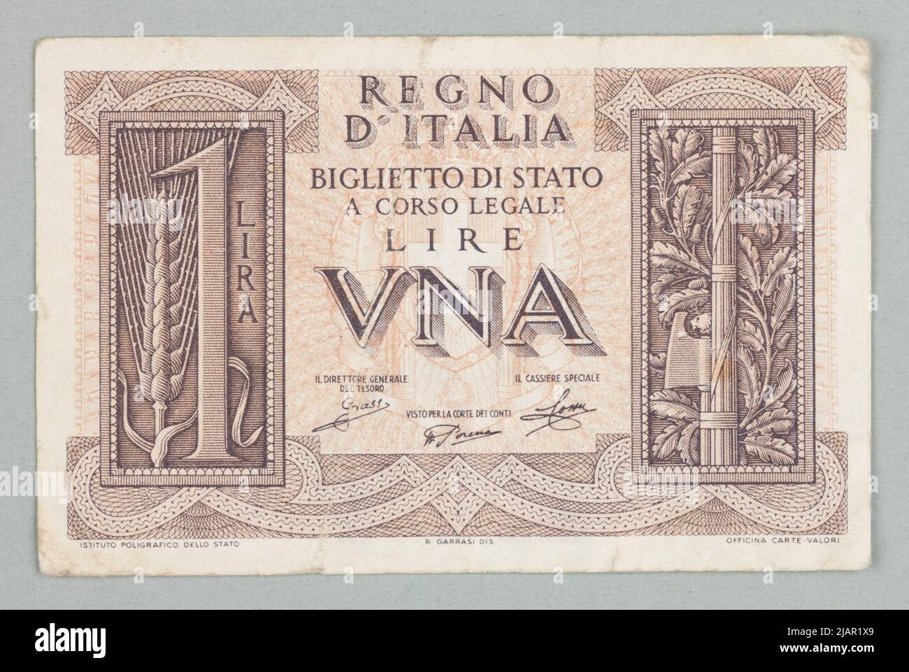 1 lira banknote; Kingdom of Italy Status Ticket, Italy, 14.11.1939 ...