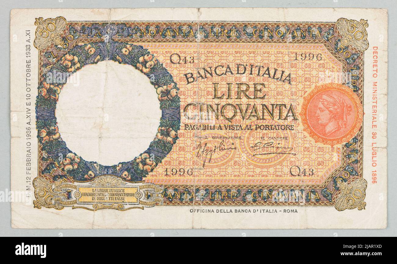 50 lire banknote; Bank d 'Italia, Italy, 12.02.1936 Bank's workshop ...