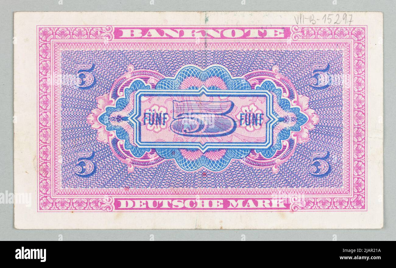 Banknote on 5 Deutsche Mark; Federal Republic of Germany, 1948 Tudor ...