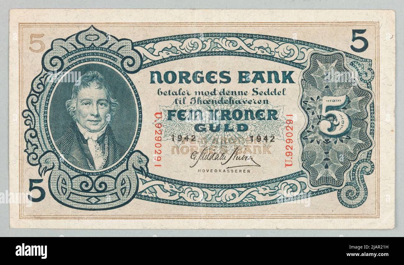 Banknote on 5 Kroner; Norway's Bank, Norway, 1942 Stock Photo - Alamy