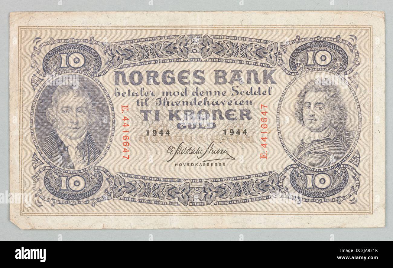 Banknote at 10 Kroner; Norway's Bank, Norway, 1944 Stock Photo - Alamy