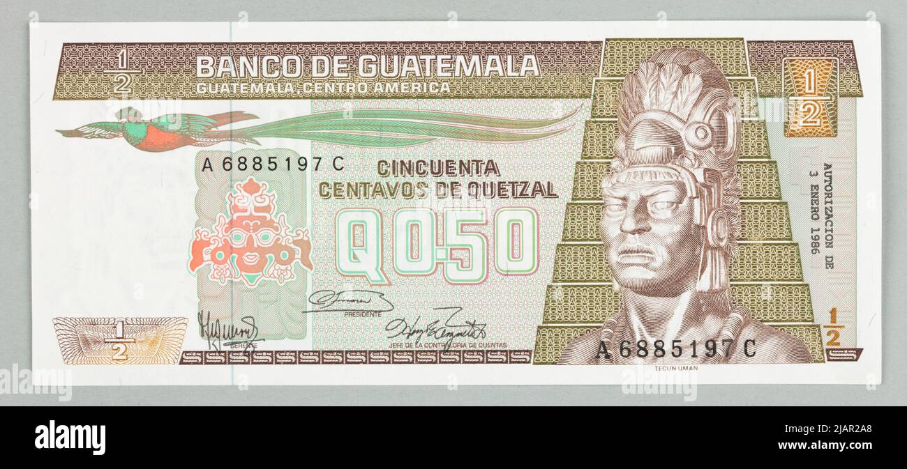 Banknot Na 1/2 Quetzal, Banco de Guatemala, Gwatemala, 3.01.1986 R. Giescate & devrient, english ...