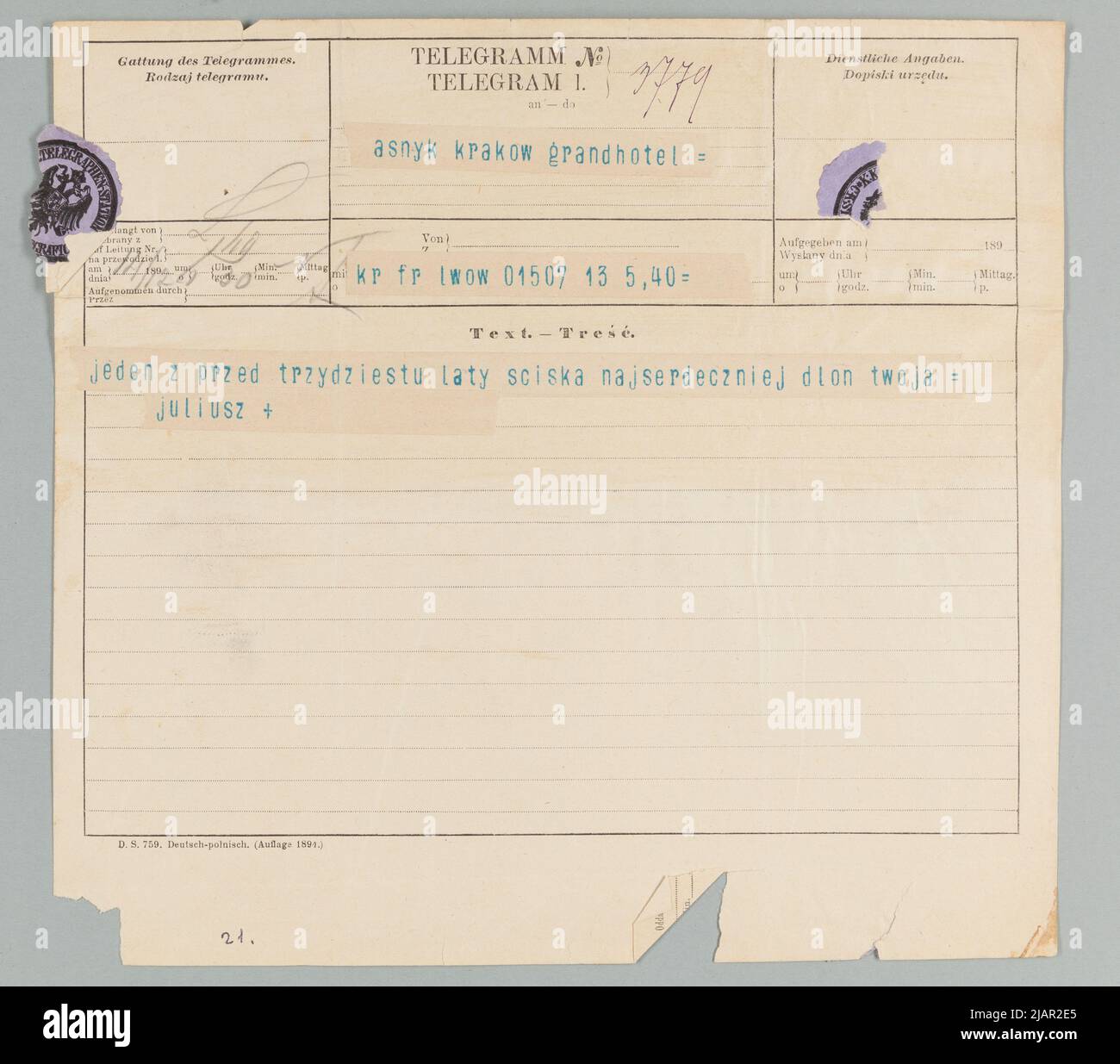 Congratulatory telegram to Adam Asnyk on the occasion of the 30th ...