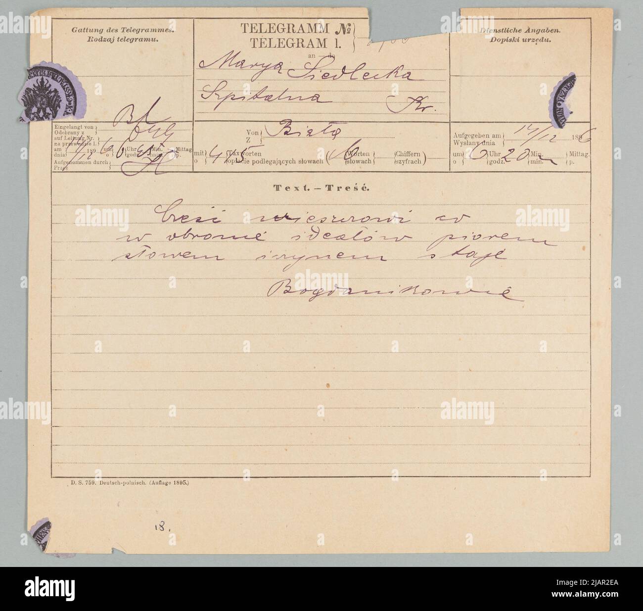 Congratulatory telegram for the 30th anniversary of Adam Asnyk's ...