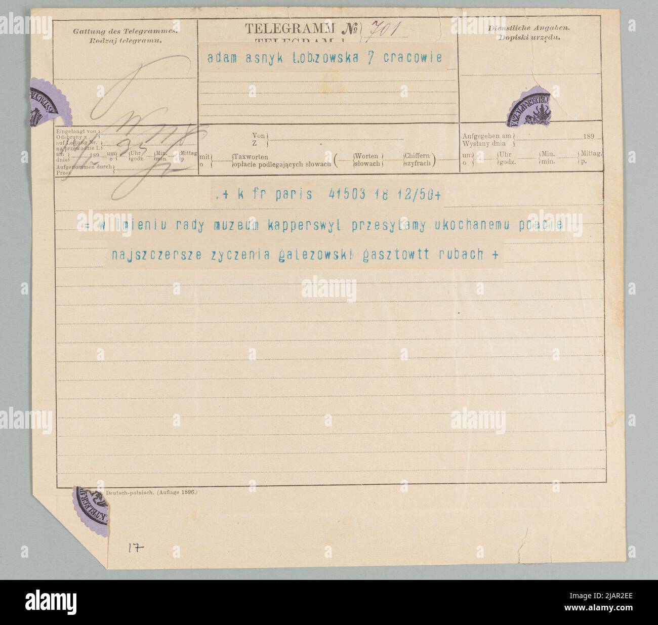 Congratulatory telegram for the 30th anniversary of Adam Asnyk's ...