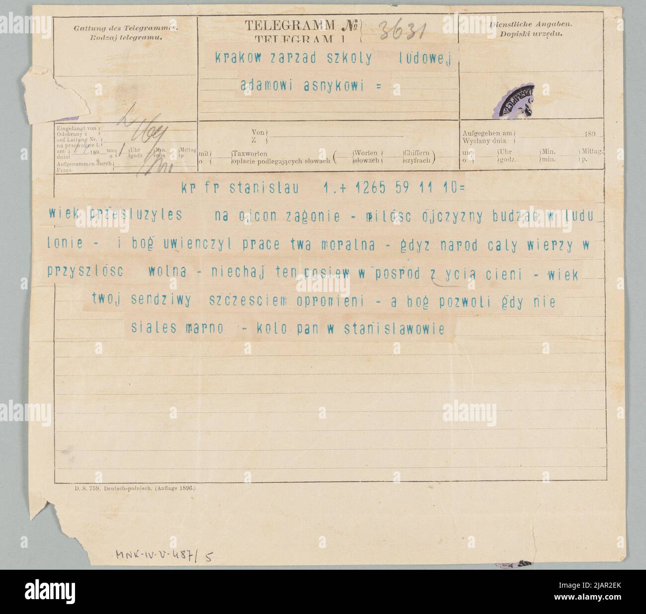 Congratulatory telegram to Adam Asnyk on the occasion of the 30th ...