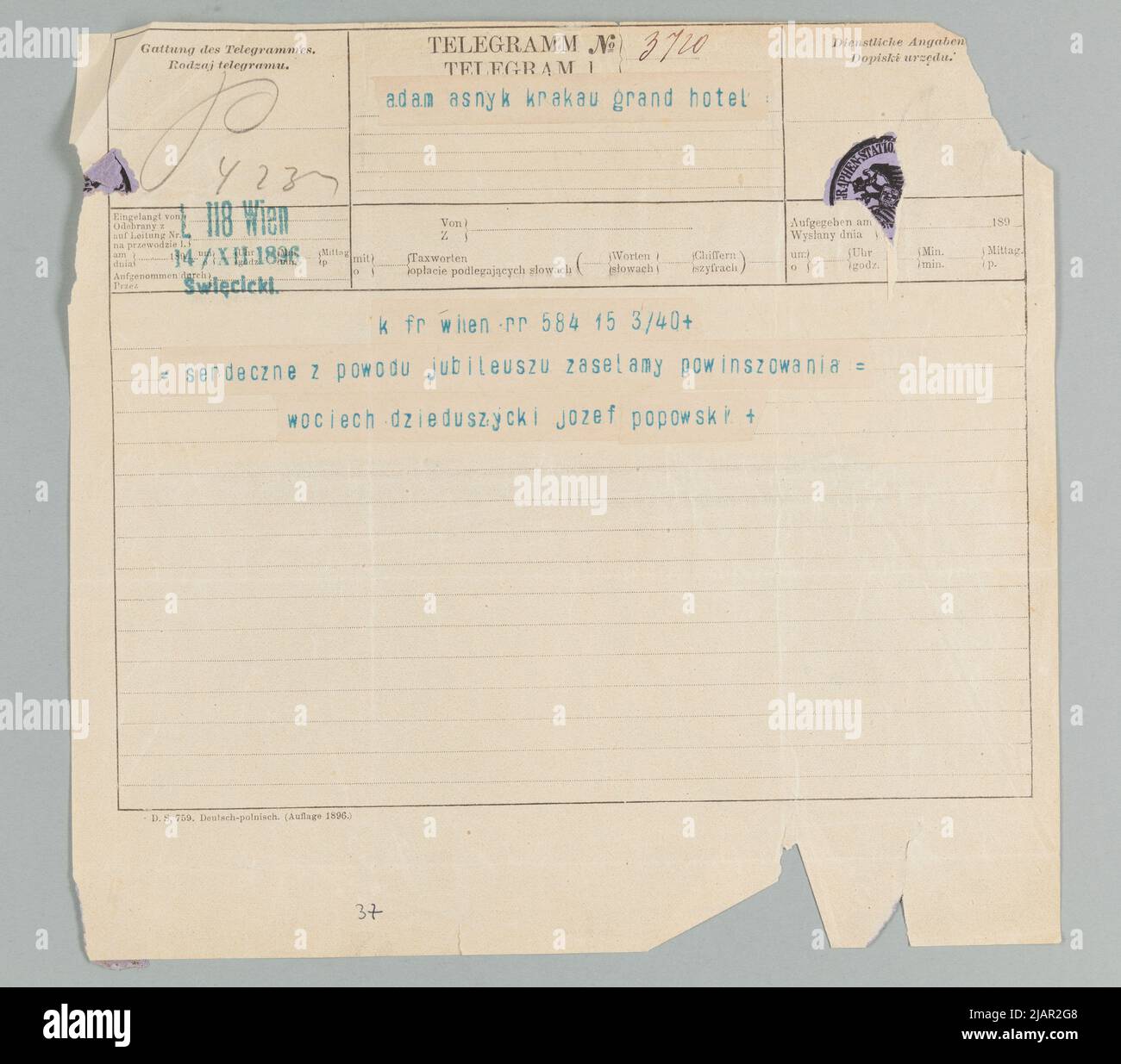Congratulatory telegram to Adam Asnyk on the occasion of the 30th ...