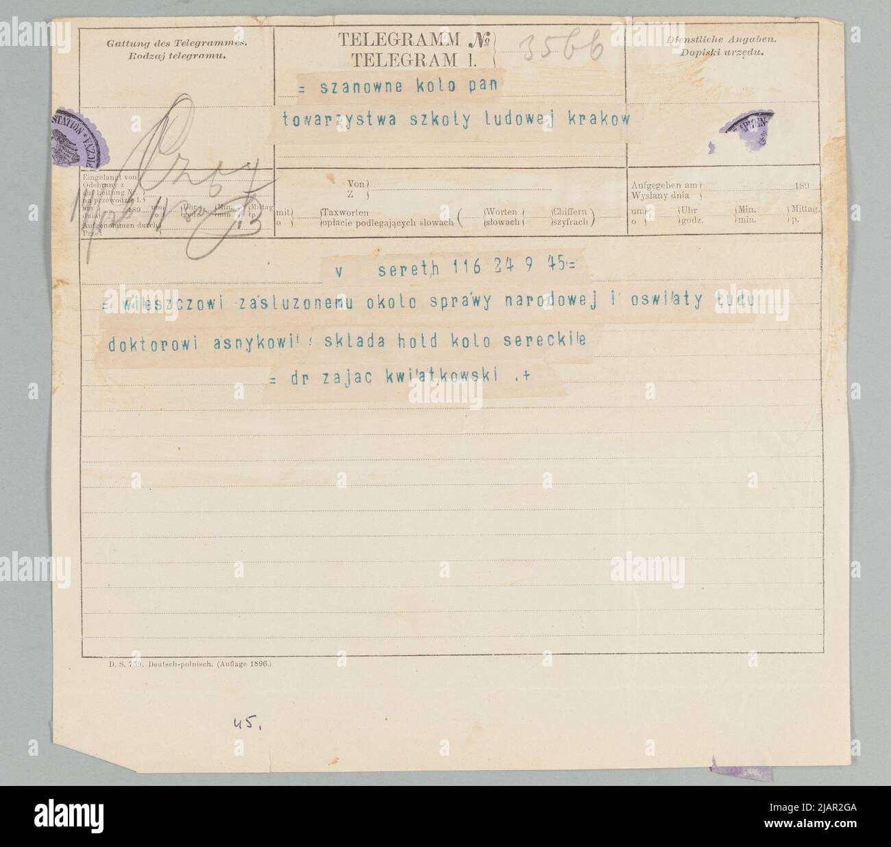 Congratulatory telegram to Adam Asnyk on the occasion of the 30th ...