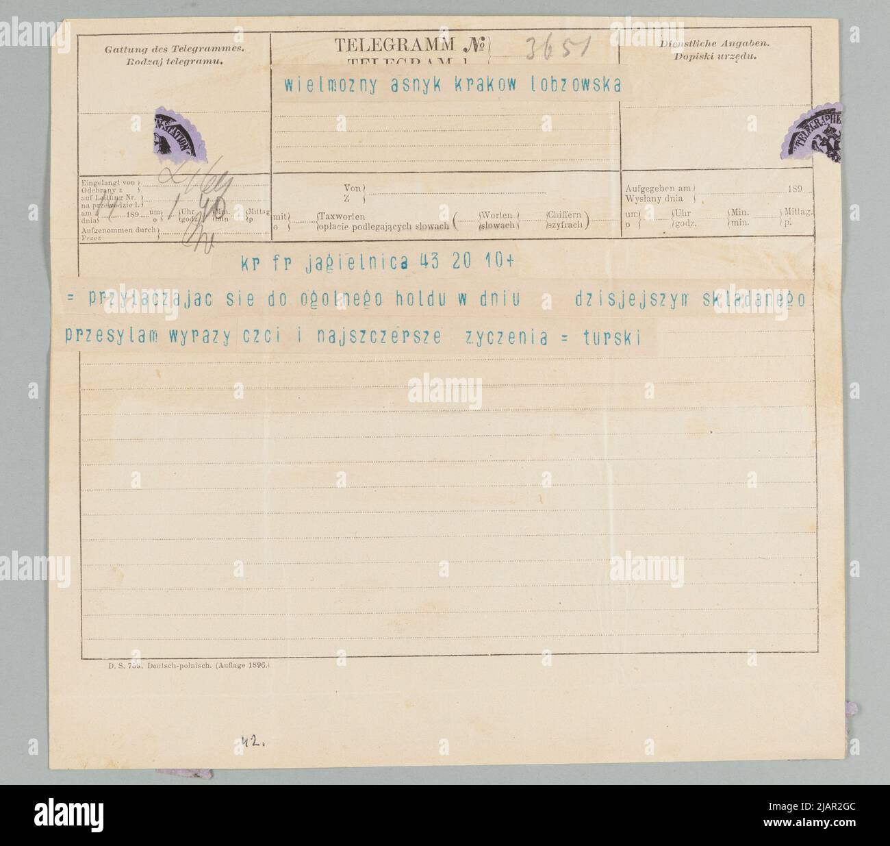Congratulatory telegram to Adam Asnyk on the occasion of the 30th ...