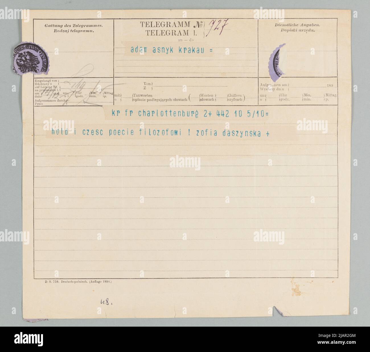 Congratulatory telegram to Adam Asnyk on the occasion of the 30th ...