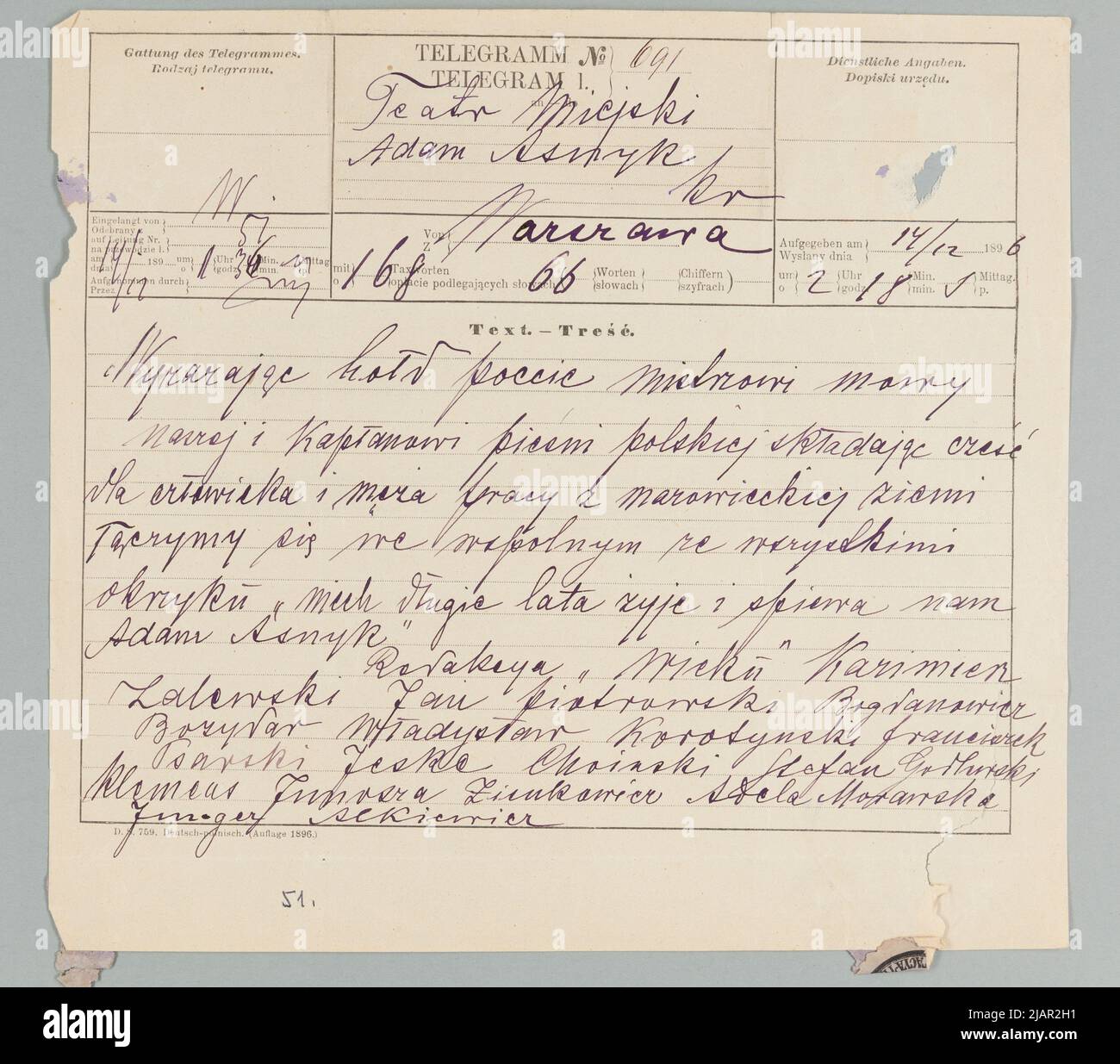 Congratulatory telegram to Adam Asnyk on the occasion of the 30th ...