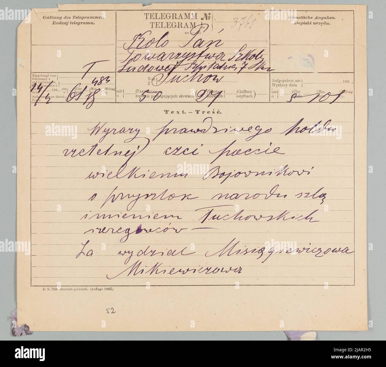 Congratulatory telegram for the 30th anniversary of Adam Asnyk's ...
