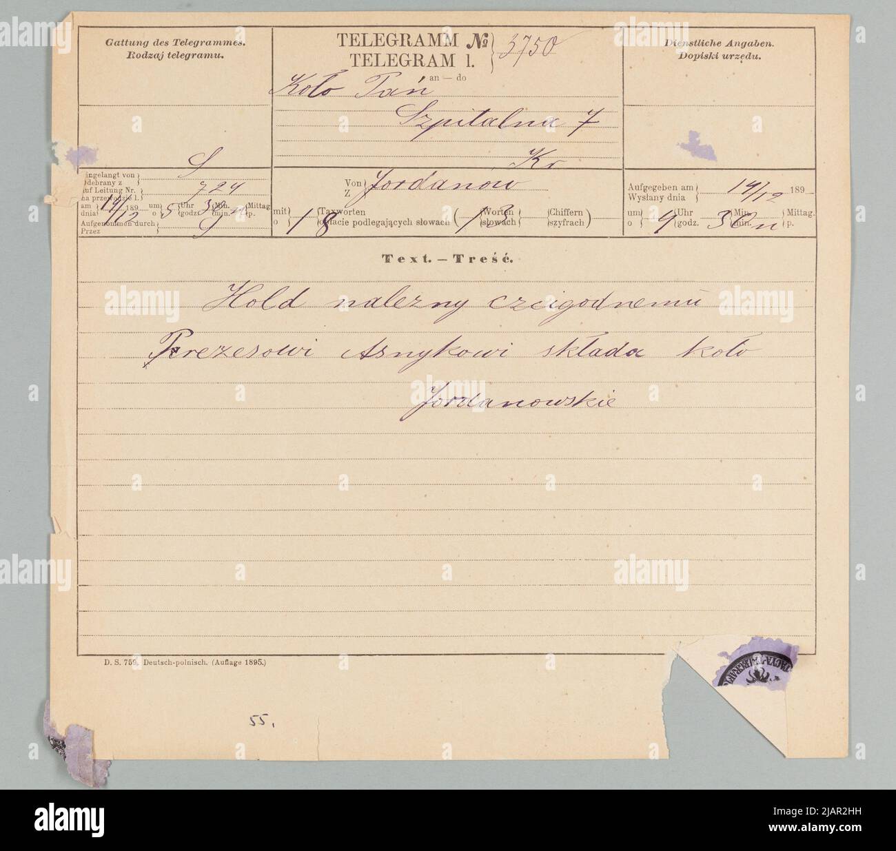 Congratulatory telegram to Adam Asnyk on the occasion of the 30th ...