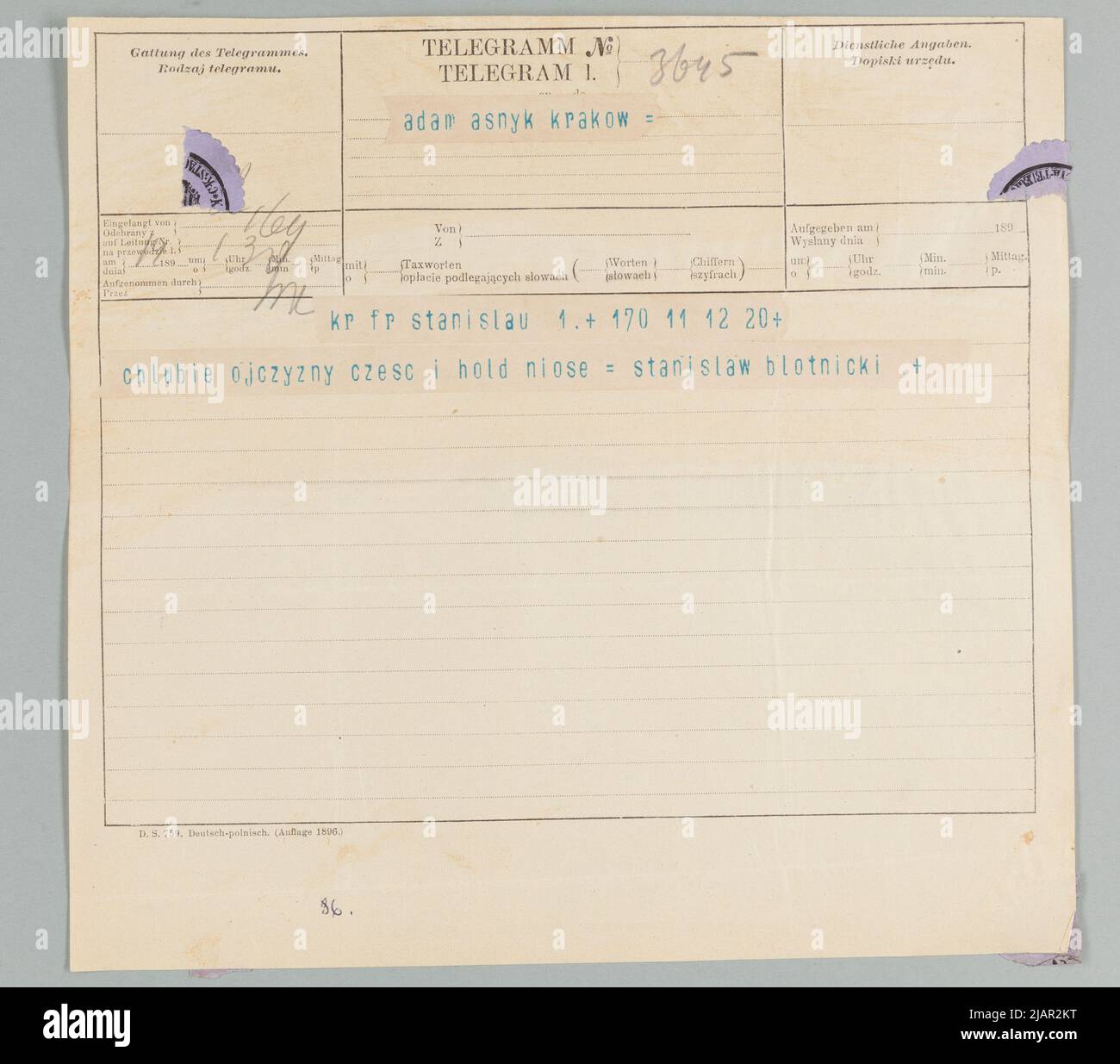 Congratulatory telegram to Adam Asnyk on the occasion of the 30th ...