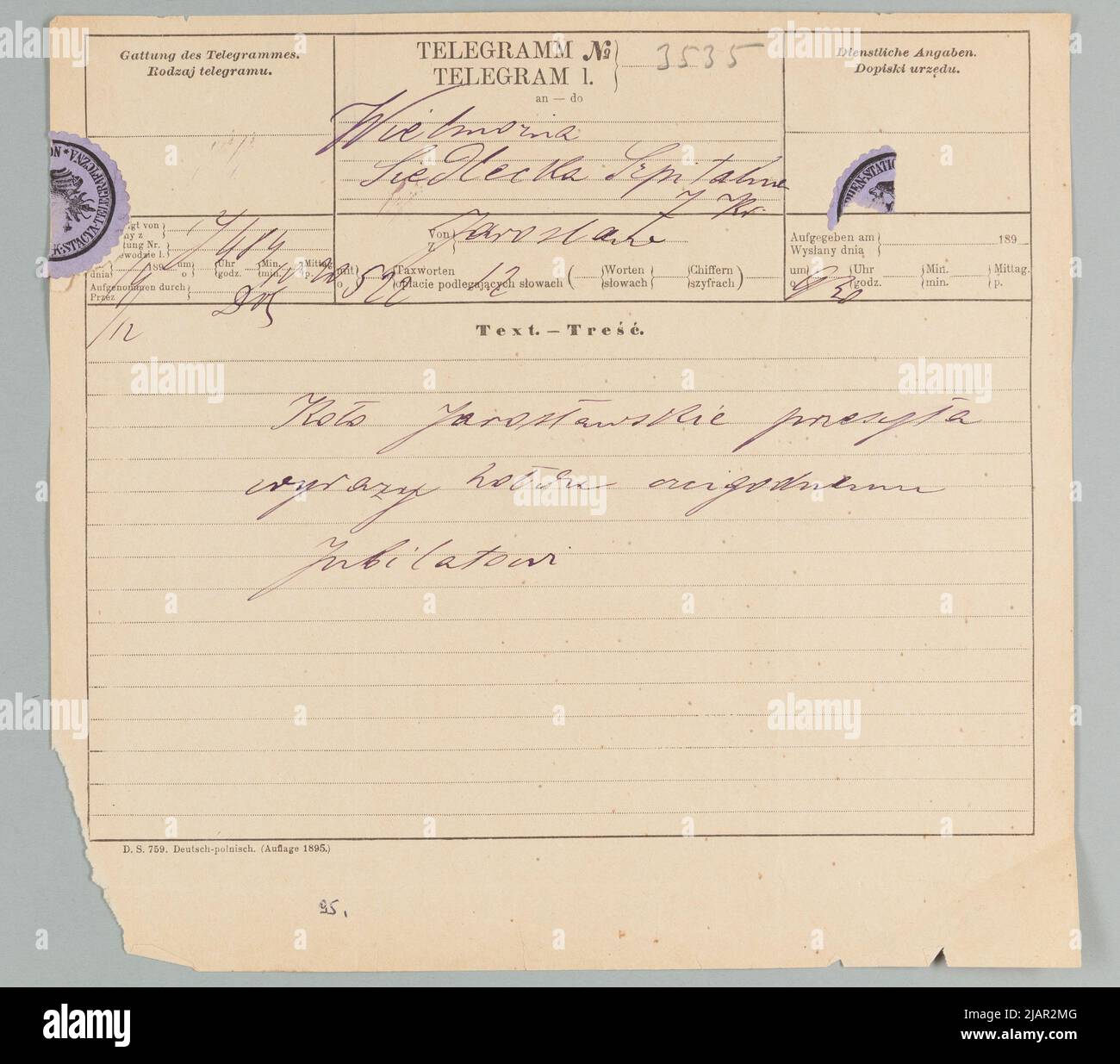 Congratulatory telegram to Adam Asnyk on the occasion of the 30th ...
