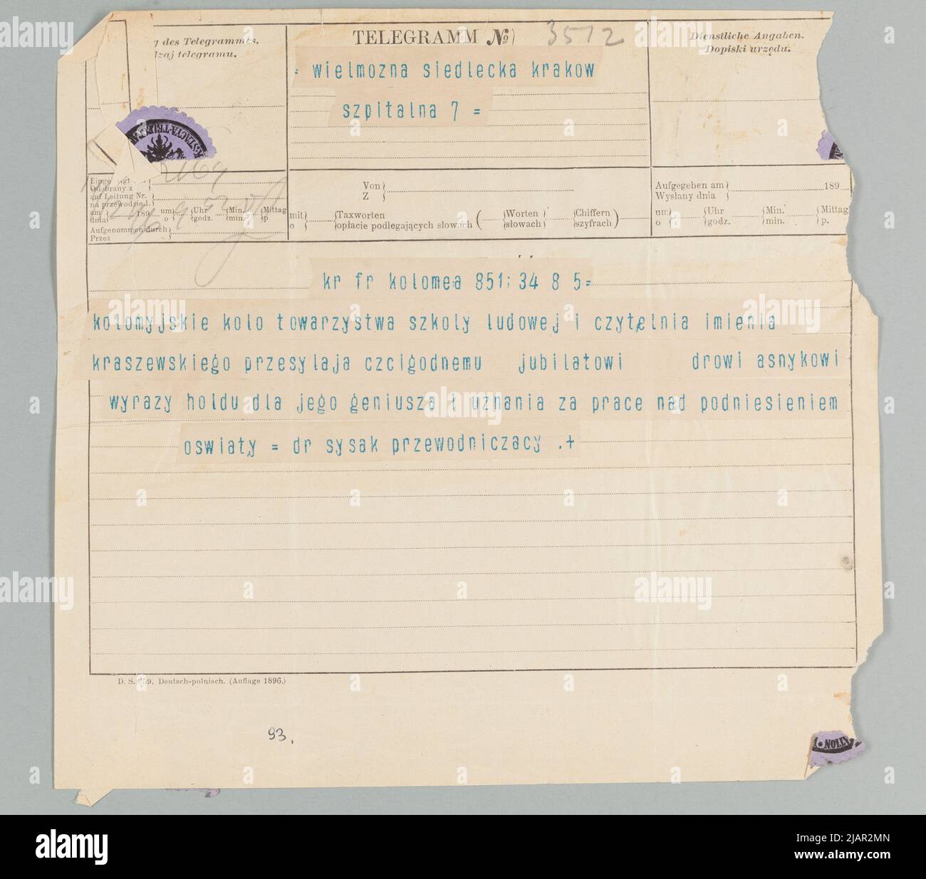 Congratulatory telegram to Adam Asnyk on the occasion of the 30th ...