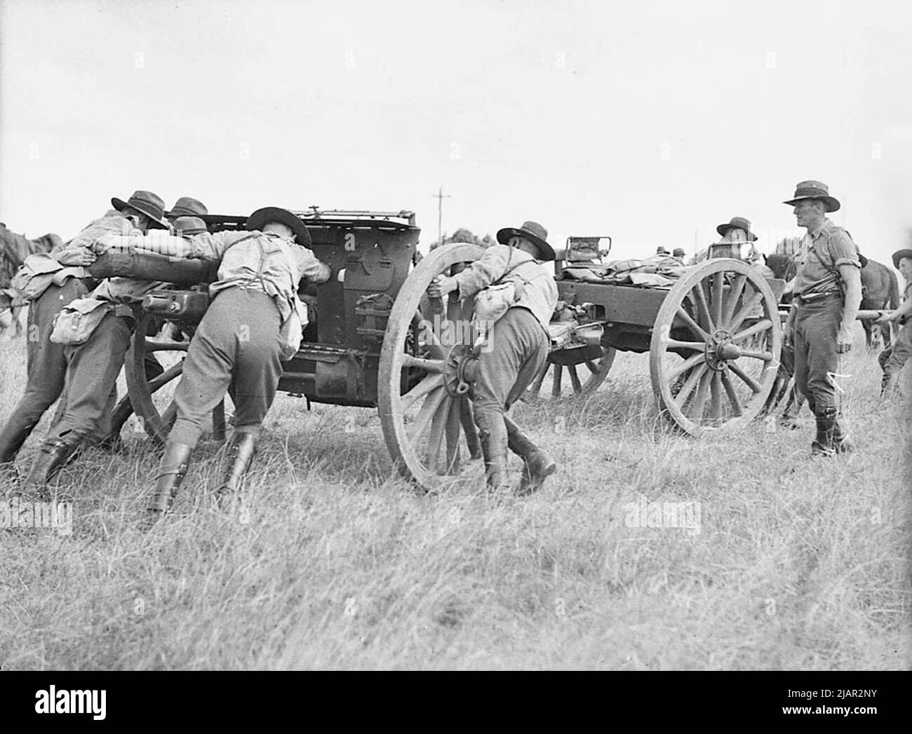 Australian soldiers of the 18th Field Brigade moving artillery ca. 1938 ...