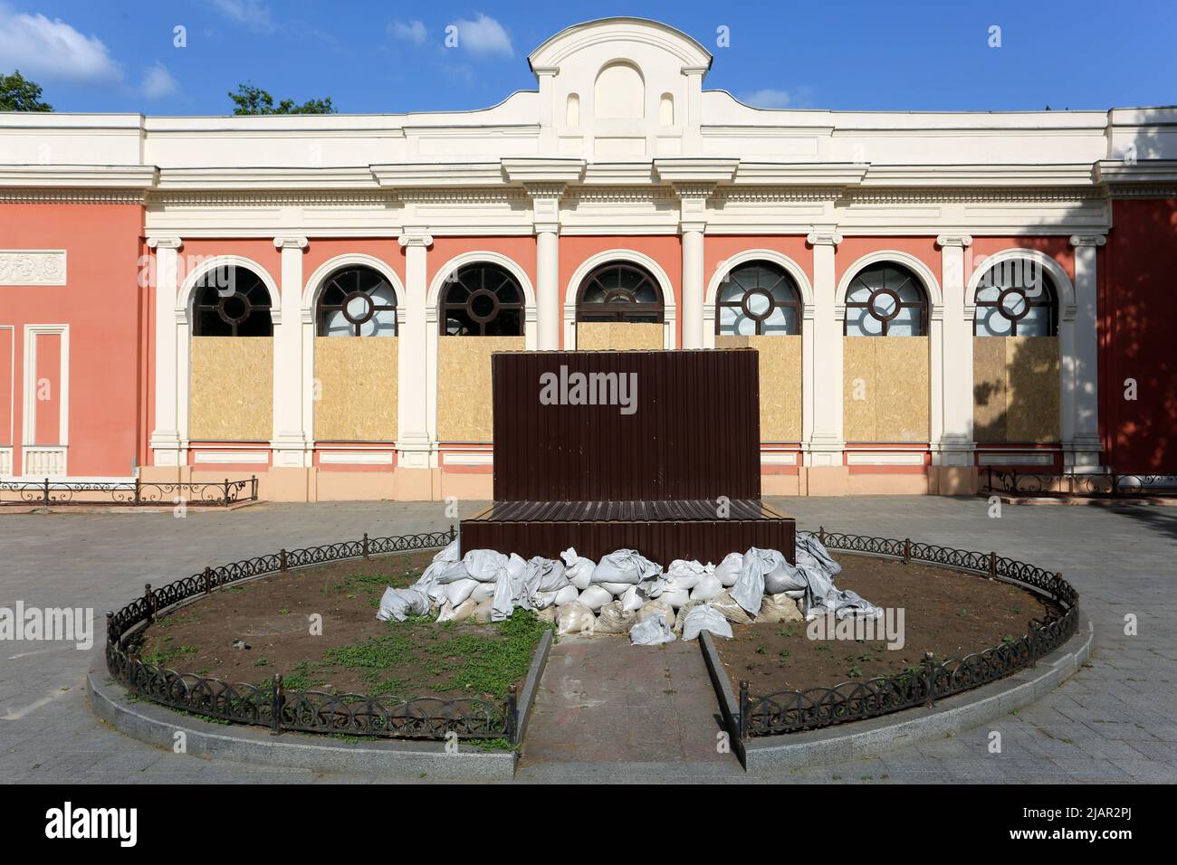 View of the Theater Square, sandbag barricade, protective structures ...