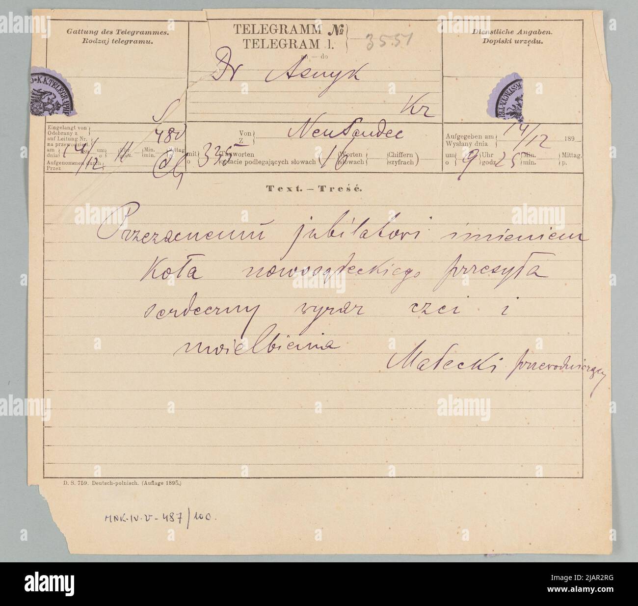 Congratulatory telegram to Adam Asnyk on the occasion of the 30th ...